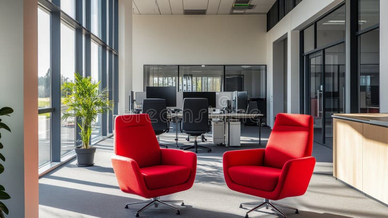 Modern Office Interior Featuring Red Chairs and a Spacious Layout Stock ...