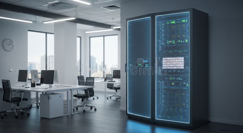 Modern Office Interior Featuring a Server Room. Several Black and Glass ...