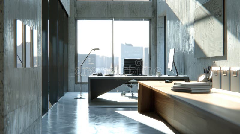 A Modern Office Interior Featuring a Sleek Work Desk Positioned Near a ...