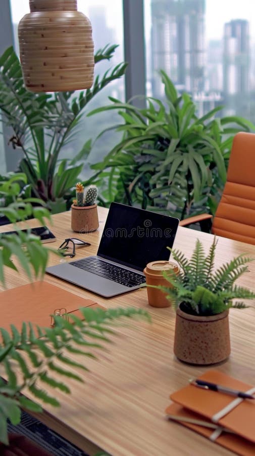 Modern Office Interior Featuring a Stylish Desk, Laptop, and Natural Elements Creating a ...