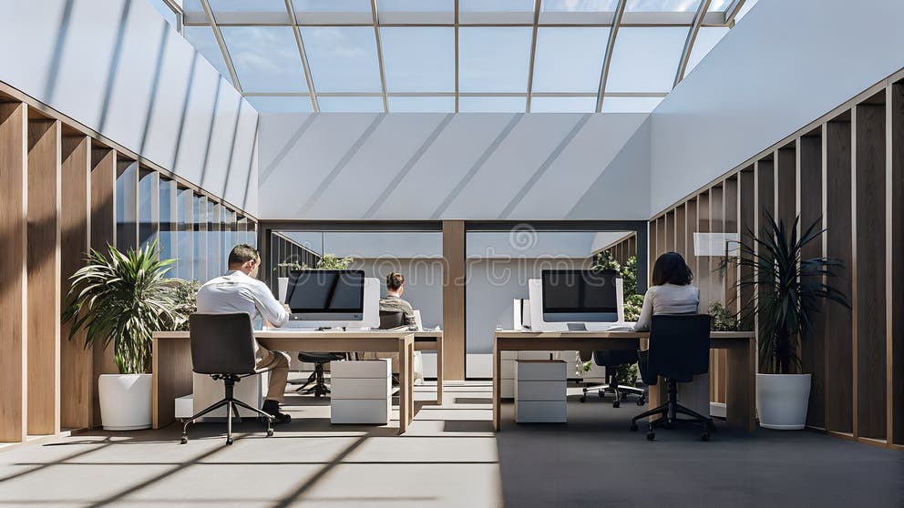 Modern Office Interior Featuring Three Professionals Working at Desks ...
