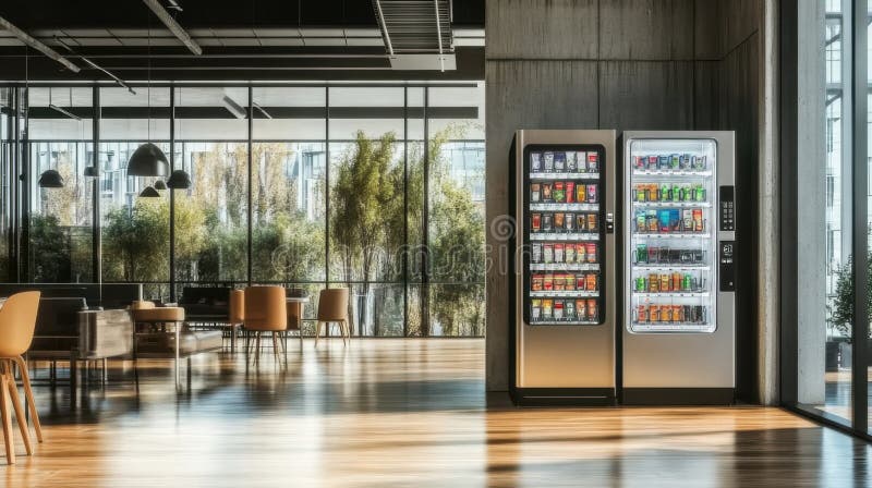 Modern Office Interior Featuring Vending Machines and Spacious Seating ...
