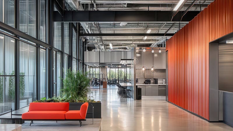 Modern Office Interior Featuring a Vibrant Orange Couch and Open ...