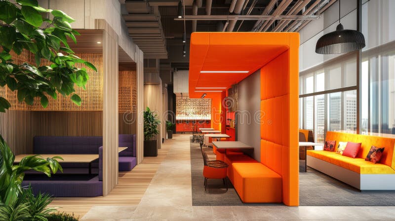 Modern Office Interior Featuring Vibrant Orange Seating Areas and ...