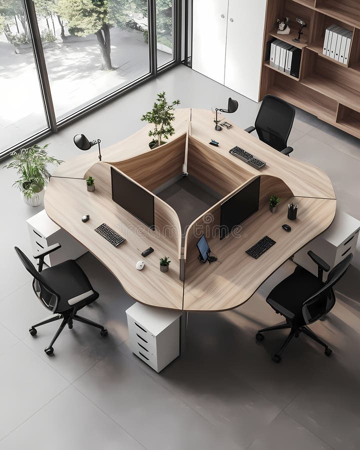 Modern Office Interior with Four Workstations and Ergonomic Chairs ...