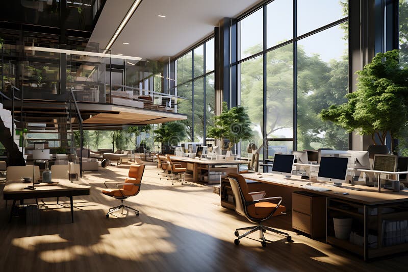 Modern Office Interior with Furniture and City View. 3D Rendering Stock ...