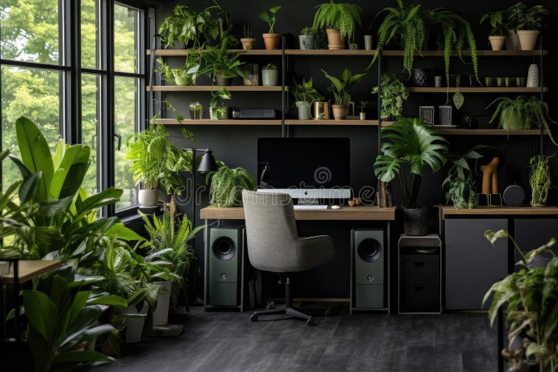 Modern Office Interior with Furniture, Plants and Window. Workplace ...