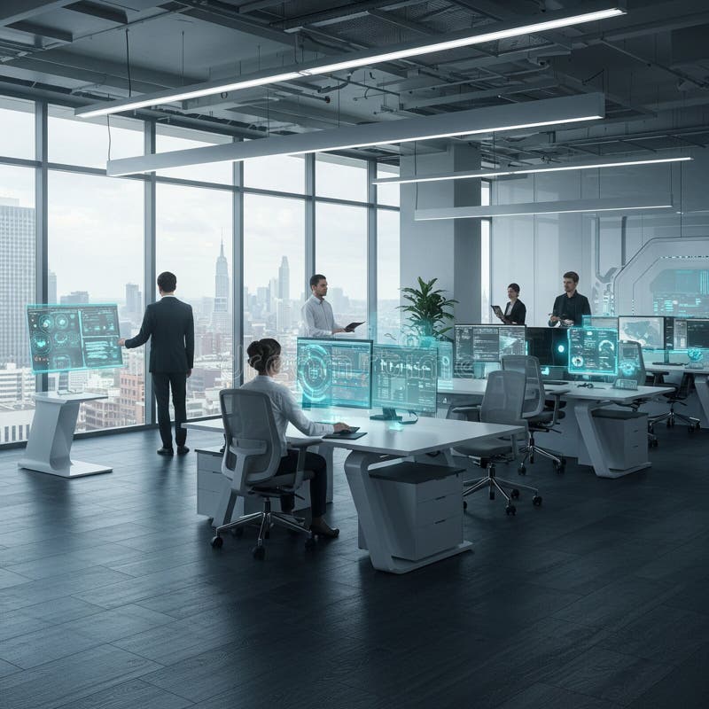 Modern Office Interior with Futuristic Elements. Large Windows Offer a ...