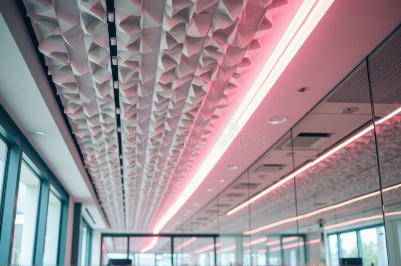 Modern Office Interior with Geometric Ceiling Design and Neon Pink ...