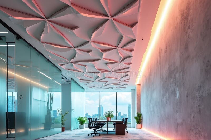 Modern Office Interior with Geometric Ceiling Design and Panoramic City ...
