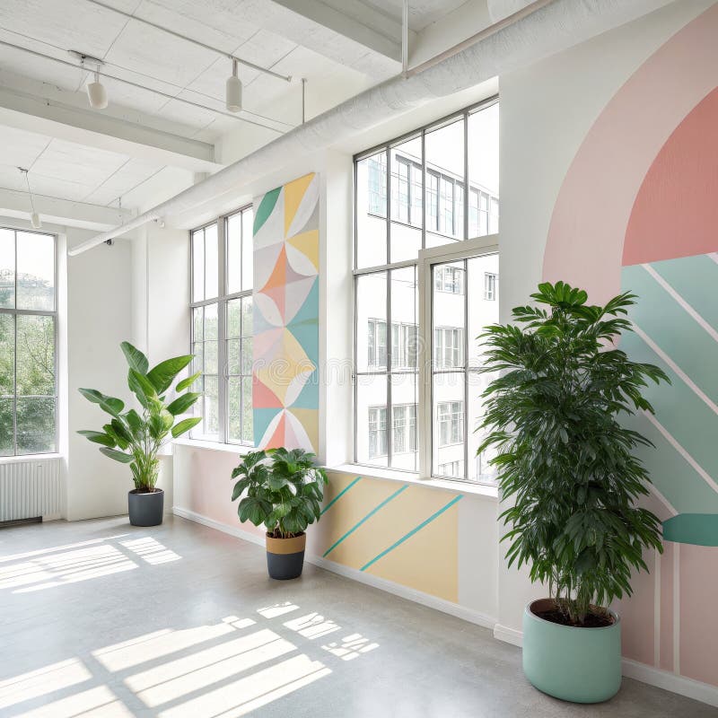 Modern Office Interior with Geometric Wall Art and Plants, Office Decor ...