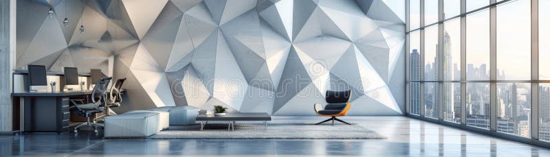 Modern Office Interior with Geometric Wall and Large Windows Stock ...