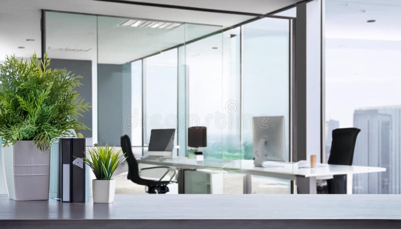 Modern Office Interior with Glass Desk and Plants. 3D Rendering Stock ...