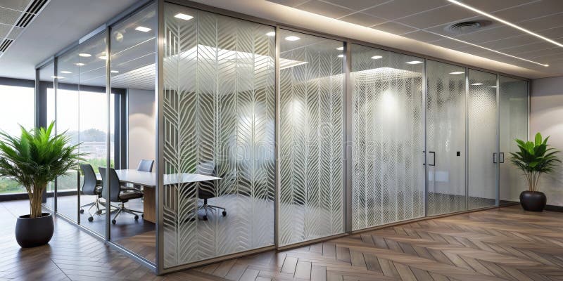 Modern Office Interior with Glass Partition and Geometric Pattern ...