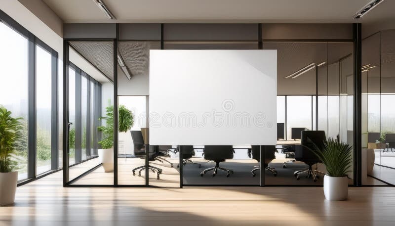 Modern Office Interior with Glass Partitions, Large Windows, and a ...
