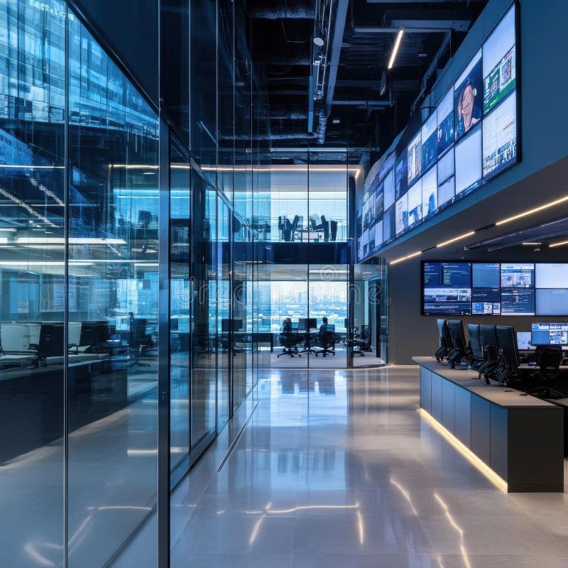 Modern Office Interior with Glass Walls and Multiple Screens Stock ...
