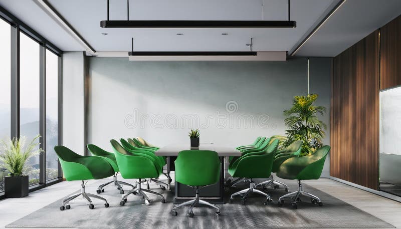 Modern Office Interior with Green Chairs and Conference Table. 3D ...