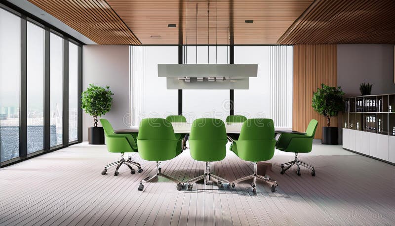 Modern Office Interior with Green Chairs and Conference Table. 3D ...