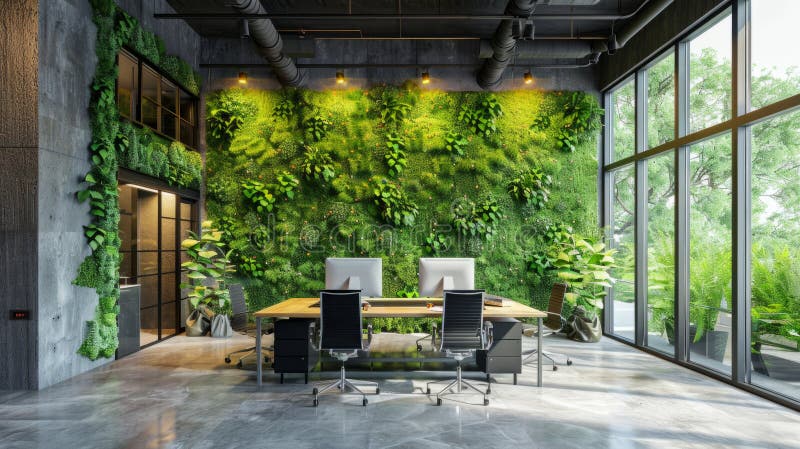 Modern Office Interior with a Green Living Wall, Two Computer Desks ...
