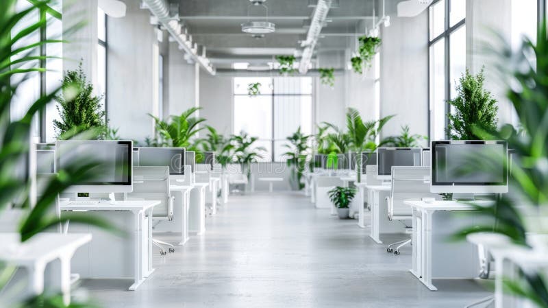 Modern Office Interior with Green Plants, Desks and Computers, Empty ...