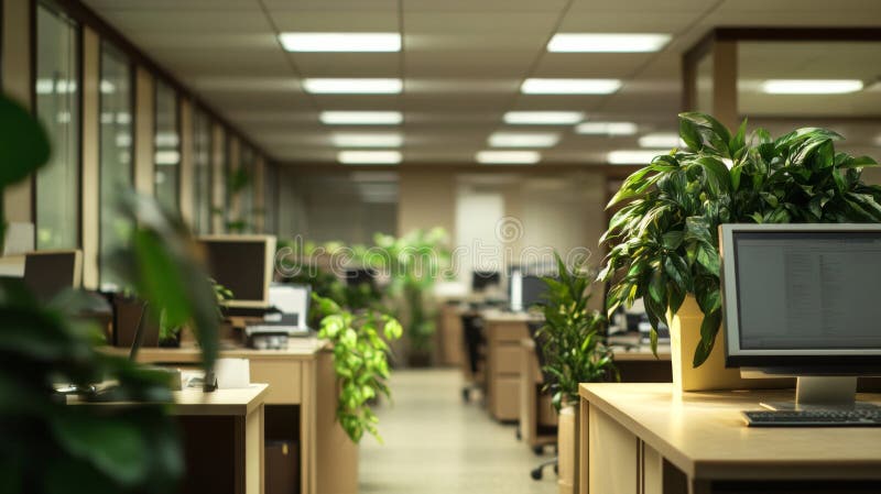 Modern Office Interior with Green Plants and Desktops Stock ...