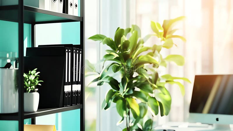 Modern Office Interior with Green Plants and Organized Shelves in ...