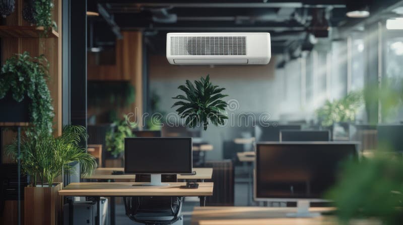 Modern Office Interior with Greenery, Air Conditioning, and Computer ...