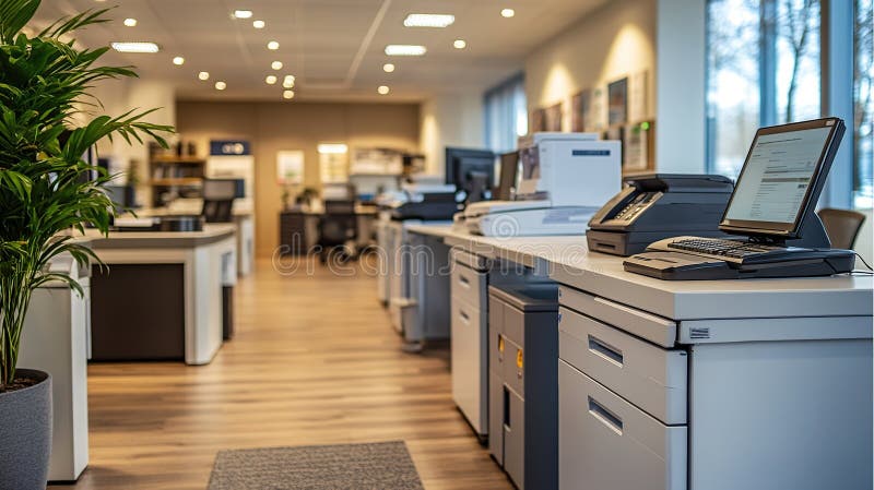Modern Office Interior with High-Tech Printers and Professional ...