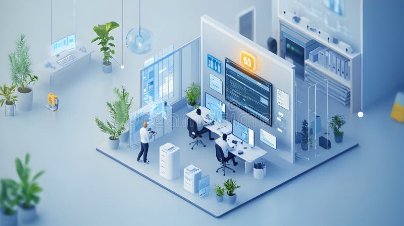 Modern Office Interior, Isometric Perspective, Digitally Illustrated ...