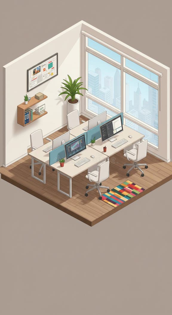 Modern Office Interior in an Isometric View, Featuring Two Workstations ...