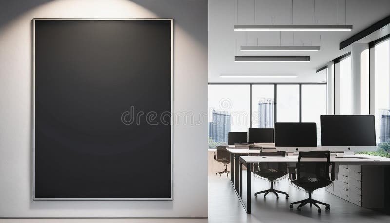 Modern Office Interior with Large Blank Black Canvas on White Wall and ...