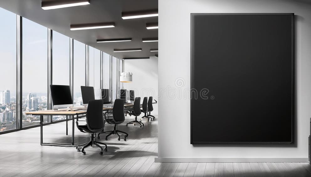 Modern Office Interior with Large Blank Black Canvas on White Wall and ...