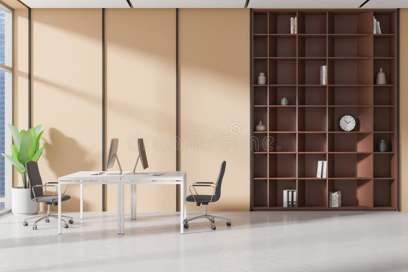 Modern Office Interior with Large Bookshelf and Work Desks. 3D ...