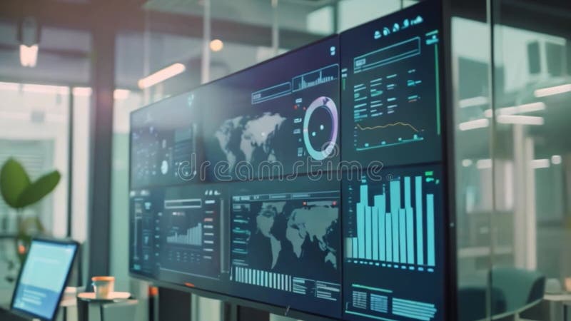 Modern Office Interior with Large Data Display Screen Stock Video ...