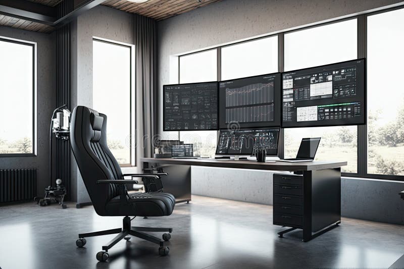 Modern Office Interior with Large Screen Computer and Ergonomic Chair ...