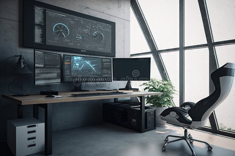 Modern Office Interior with Large Screen Computer and Ergonomic Chair ...