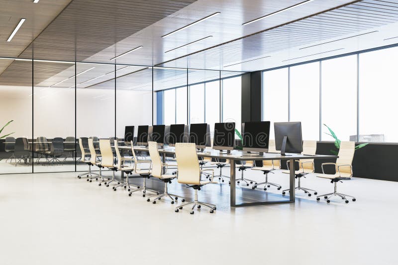 Modern Office Interior with Large Shared Workspace and Glass Partition ...