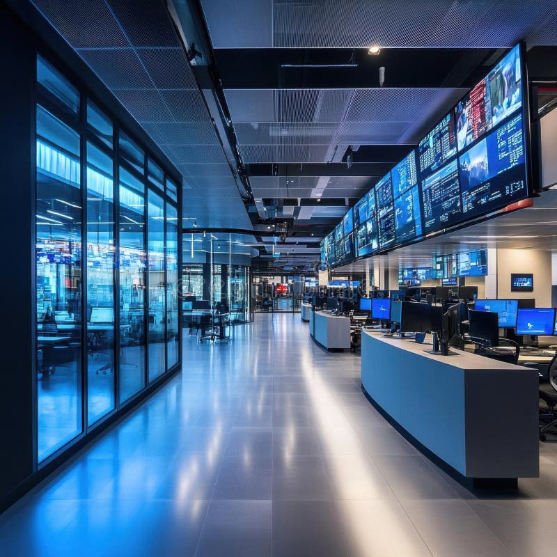 Modern Office Interior with Large Video Displays Stock Illustration ...