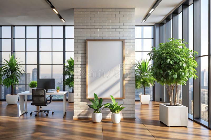 Modern Office Interior with Large Window and Blank Canvas Stock ...