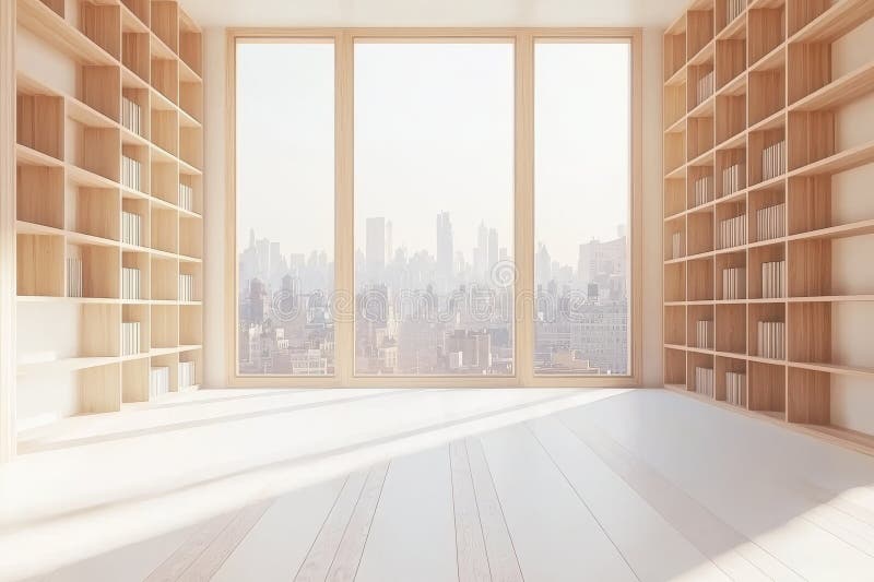 A Modern Office Interior with a Large Window and Bookcases. 3D ...