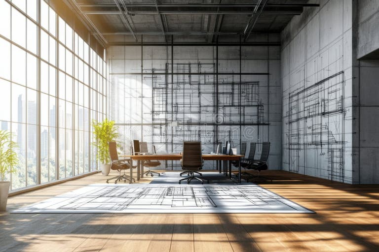 Modern Office Interior with Large Windows and Architectural Plans in a ...