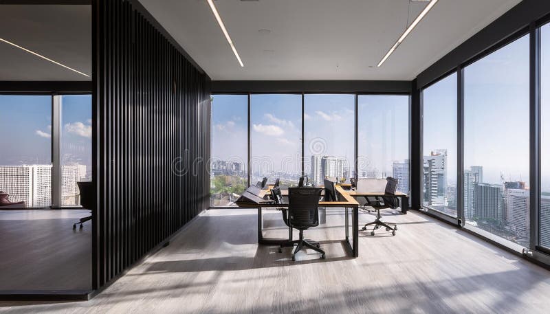 Modern Office Interior with Large Windows and Black Partition Wall. 3D ...