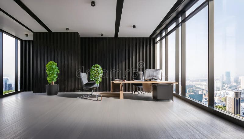 Modern Office Interior with Large Windows and Black Partition Wall. 3D ...