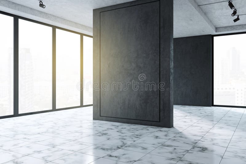 Modern Office Interior with Large Windows and Black Partition Wall. 3D ...