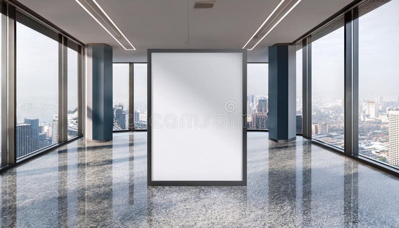 Modern Office Interior with Large Windows and Blank Vertical Poster on ...