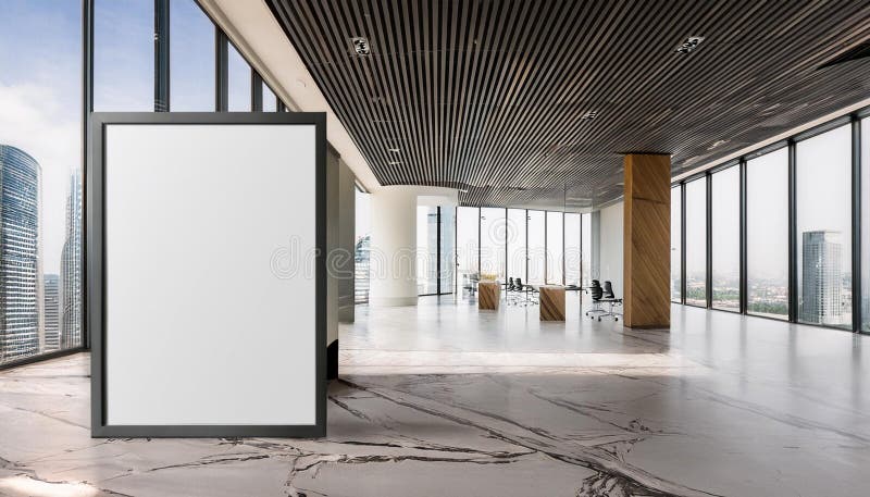 Modern Office Interior with Large Windows and Blank Vertical Poster on ...