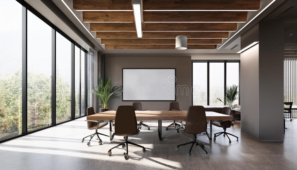 Modern Office Interior with Large Windows, Blank Wall and Meeting Room ...