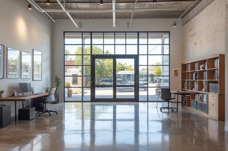 Modern Office Interior with Large Windows and a Central Meeting Table ...