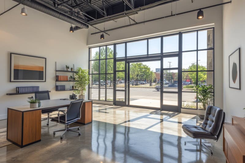 Modern Office Interior with Large Windows and a Central Meeting Table ...
