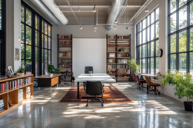 Modern Office Interior with Large Windows and a Central Meeting Table ...